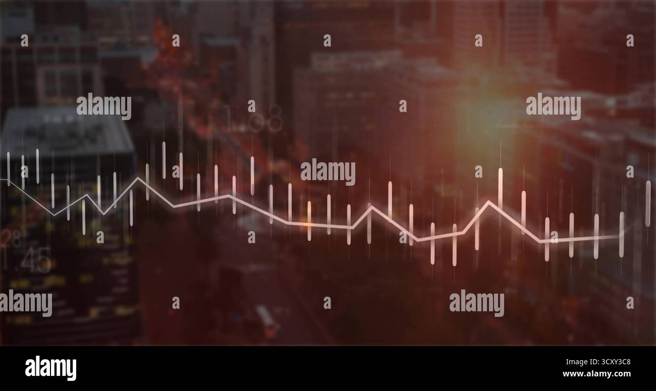 White candlestick line graph overlay floating over downtown at twilight ...