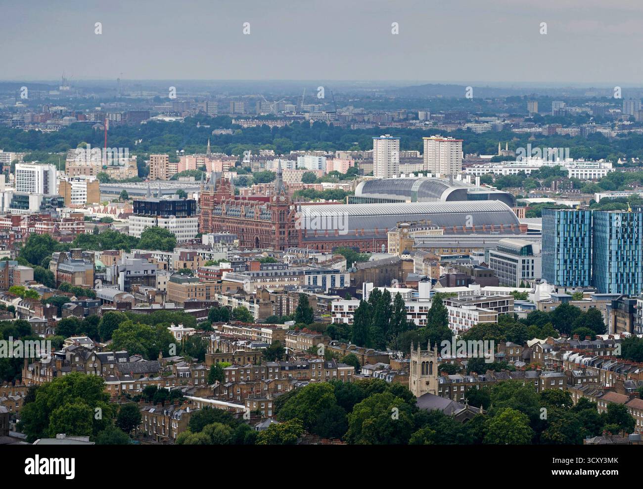 A high level view of St Pancras Station on the skyline, central London ...