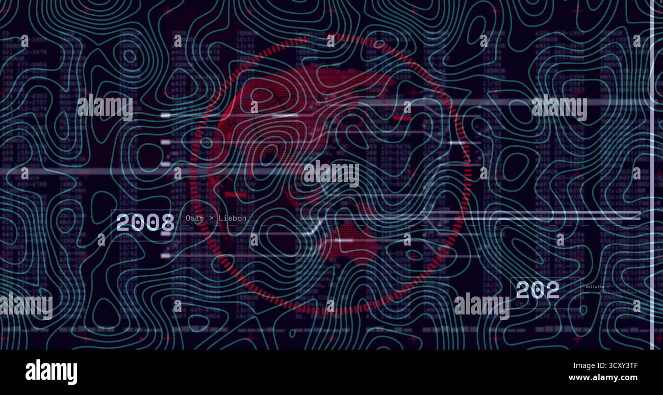 Displaying red world map overlaying cyan contour lines on dashboard ...