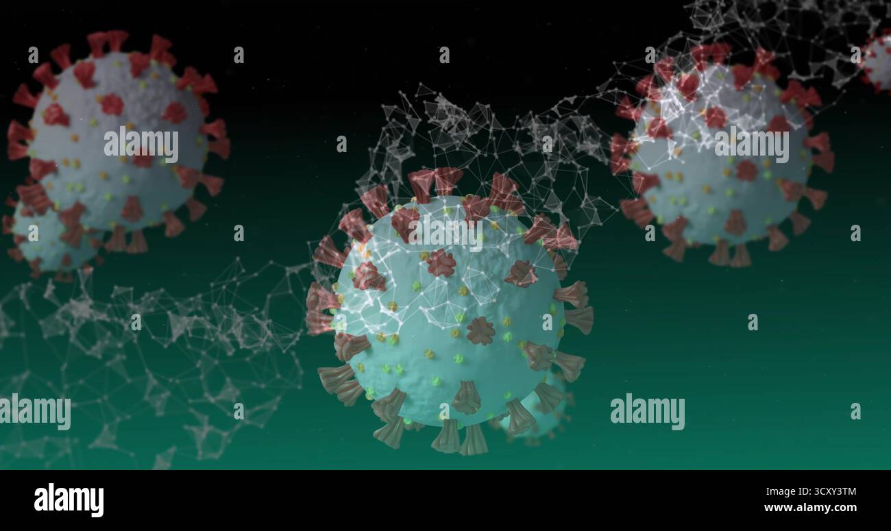 Floating spherical viral particle sporting red spikes over gradient ...
