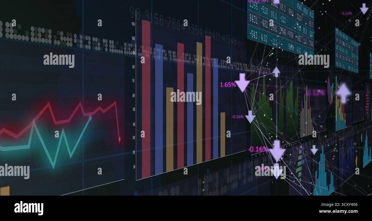 Displaying bar graph on monitor, with red-teal line chart, magenta ...