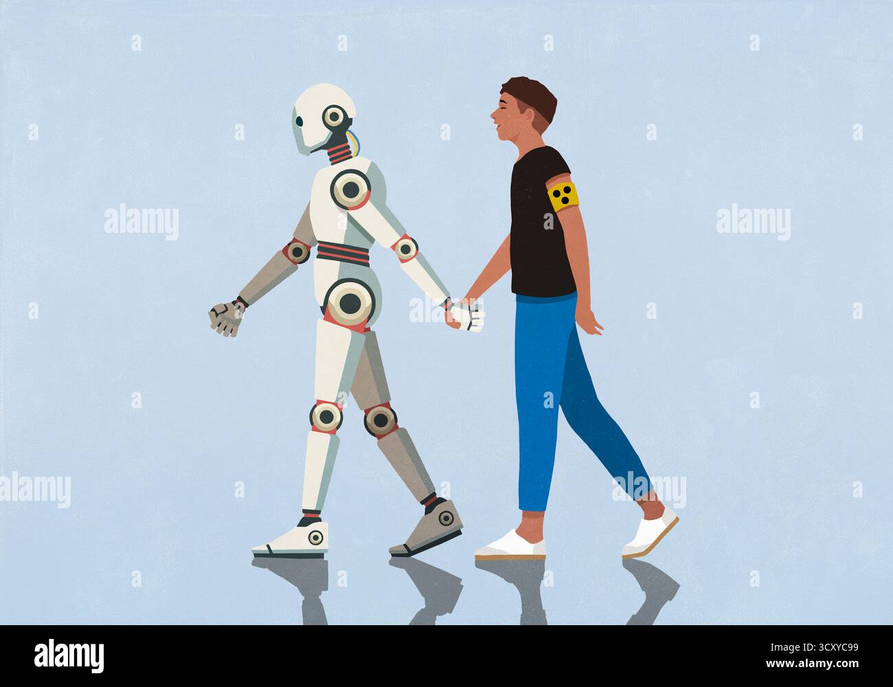 Humanoid robot holding hands and guiding blind man walking against blue ...
