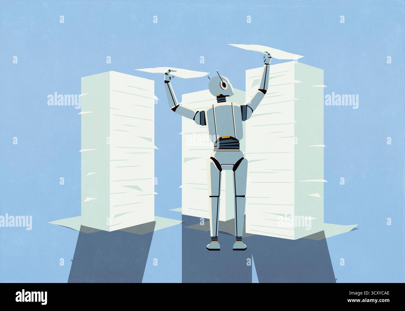 Humanoid robot placing paper documents on tall stacks Stock Photo - Alamy