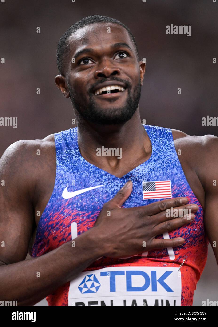 Rai Benjamin of the USA competing in the men’s 400m hurdles final at ...