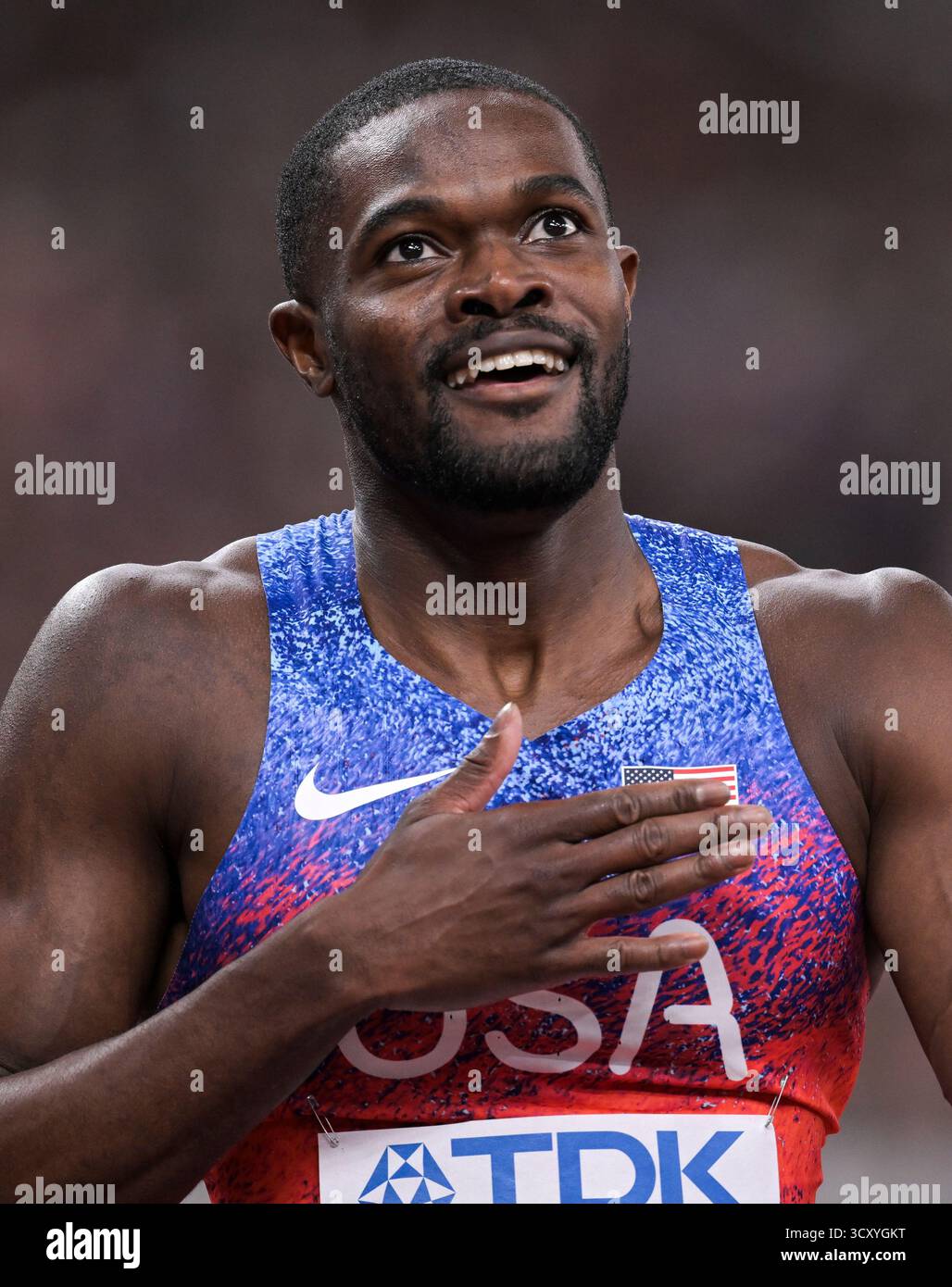 Rai Benjamin of the USA competing in the men’s 400m hurdles final at ...