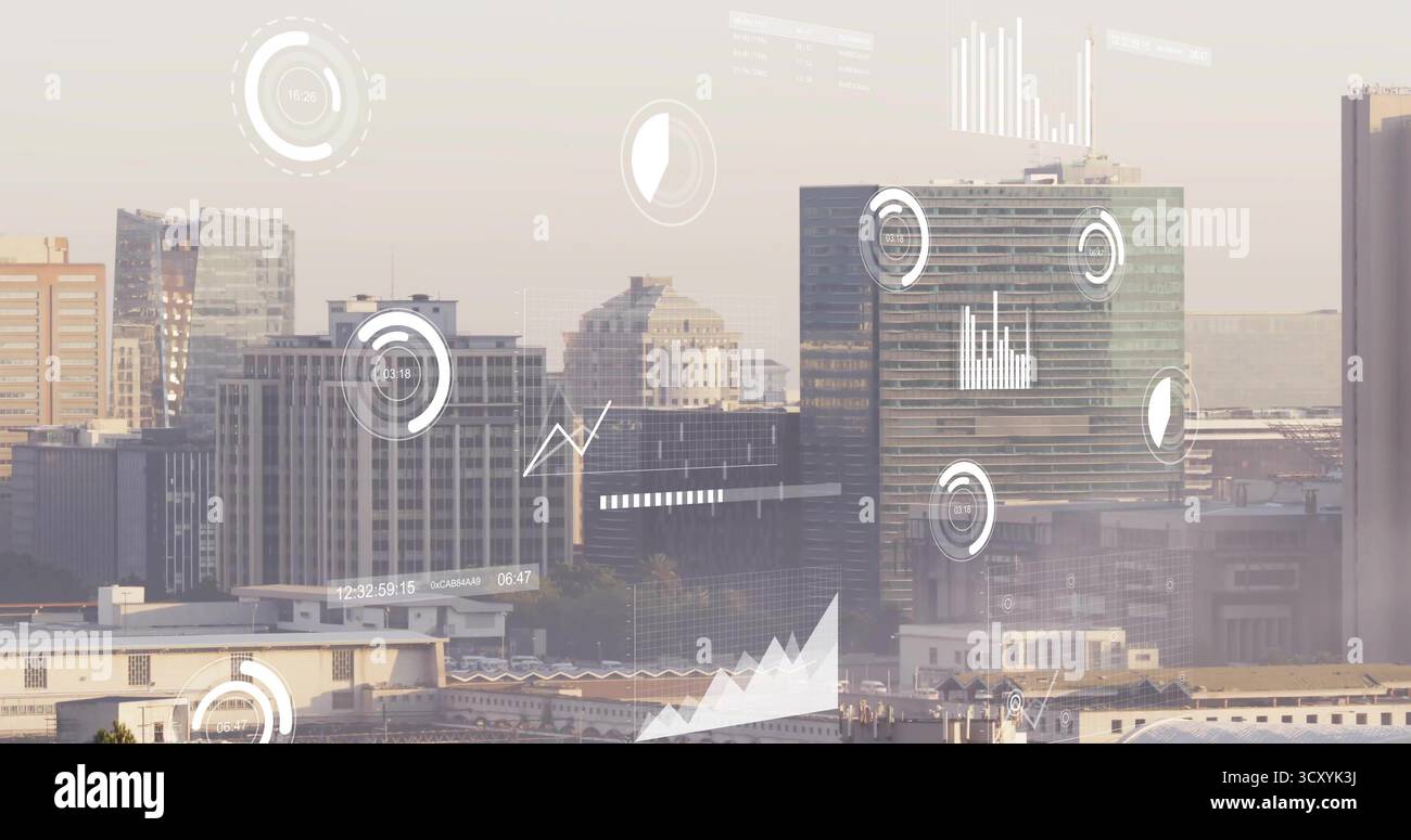 Displaying chart and timecode overlays on office buildings in city ...