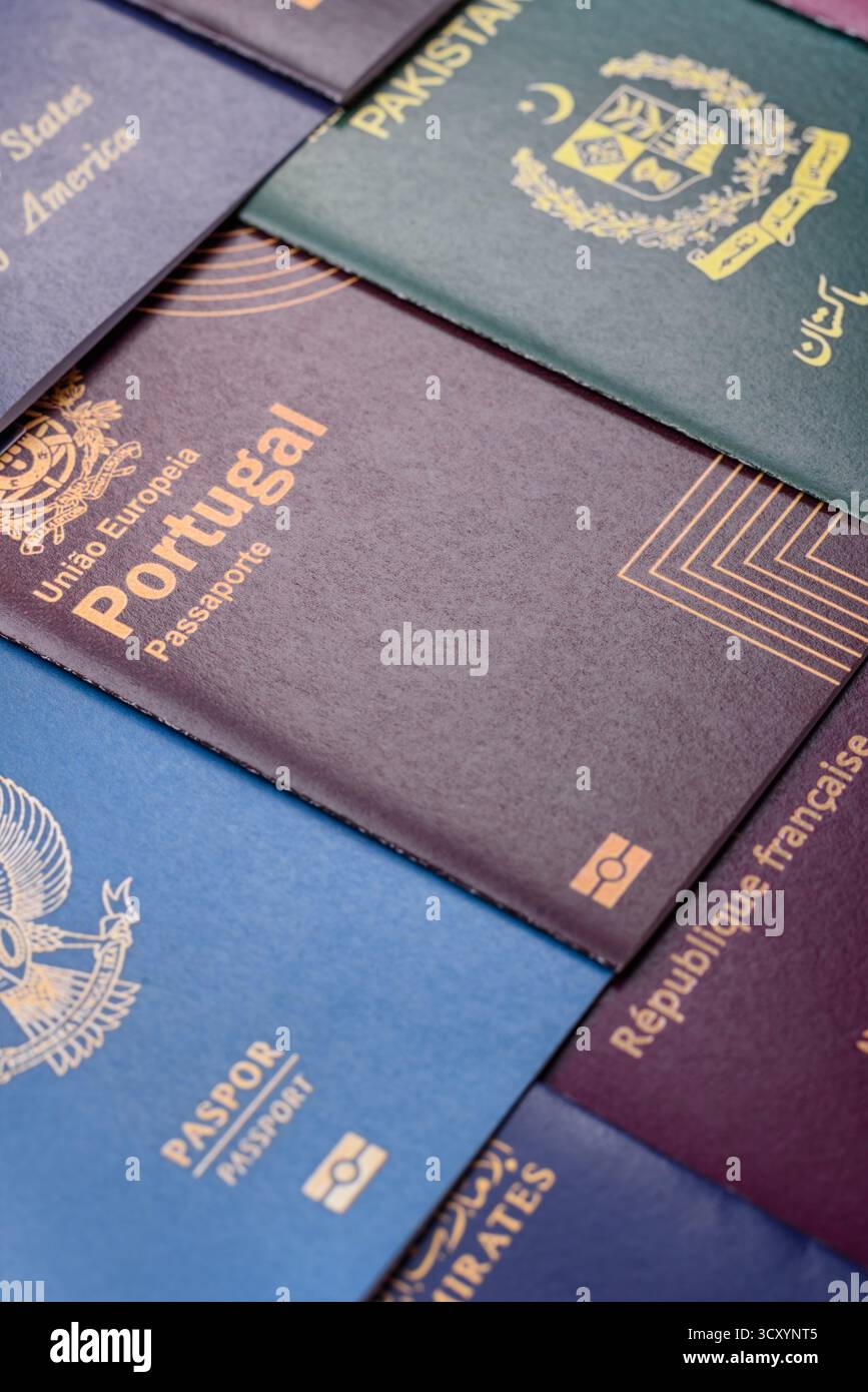 A background of several passports from different countries, an ...