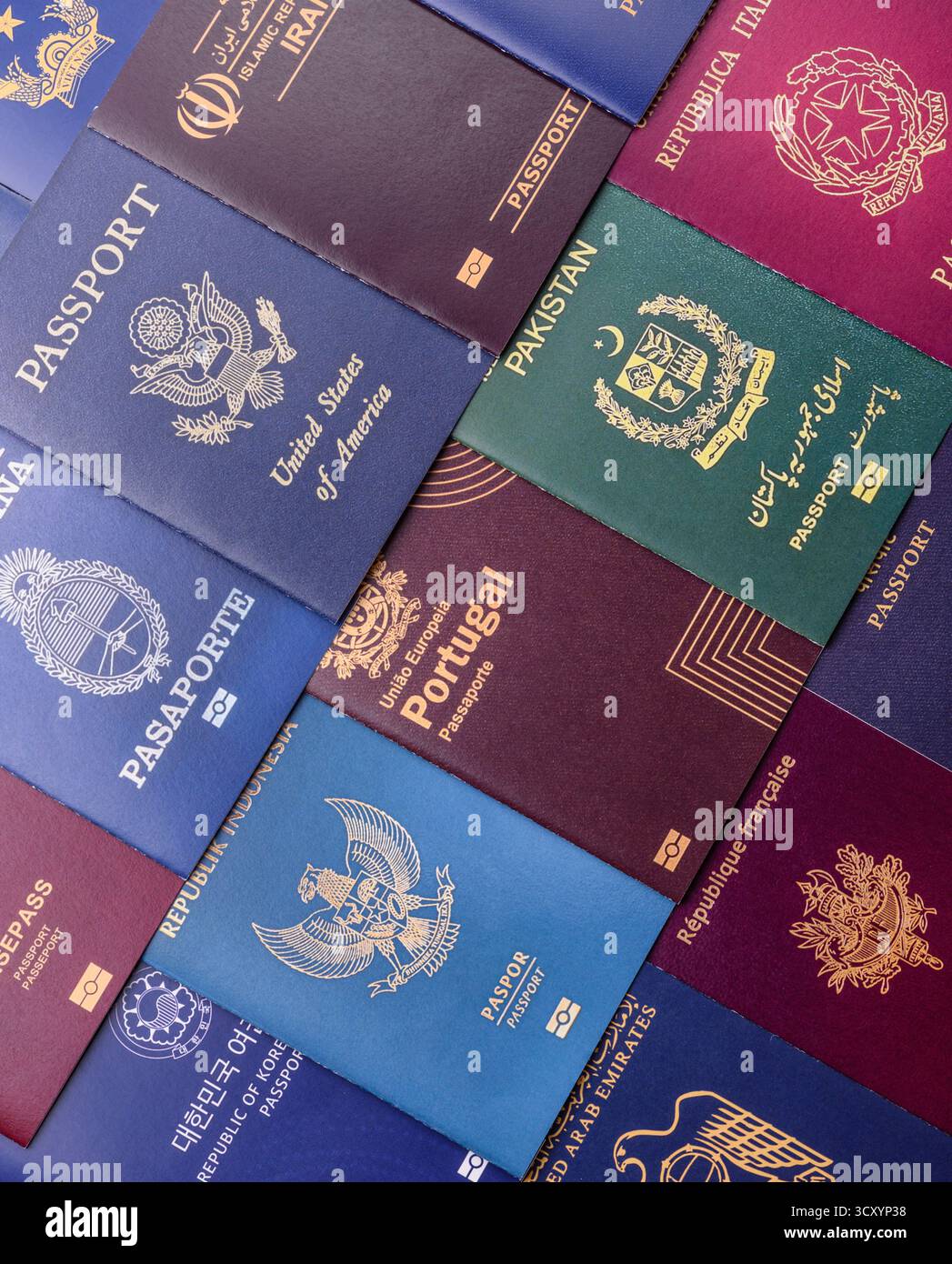A background of several passports from different countries, an ...