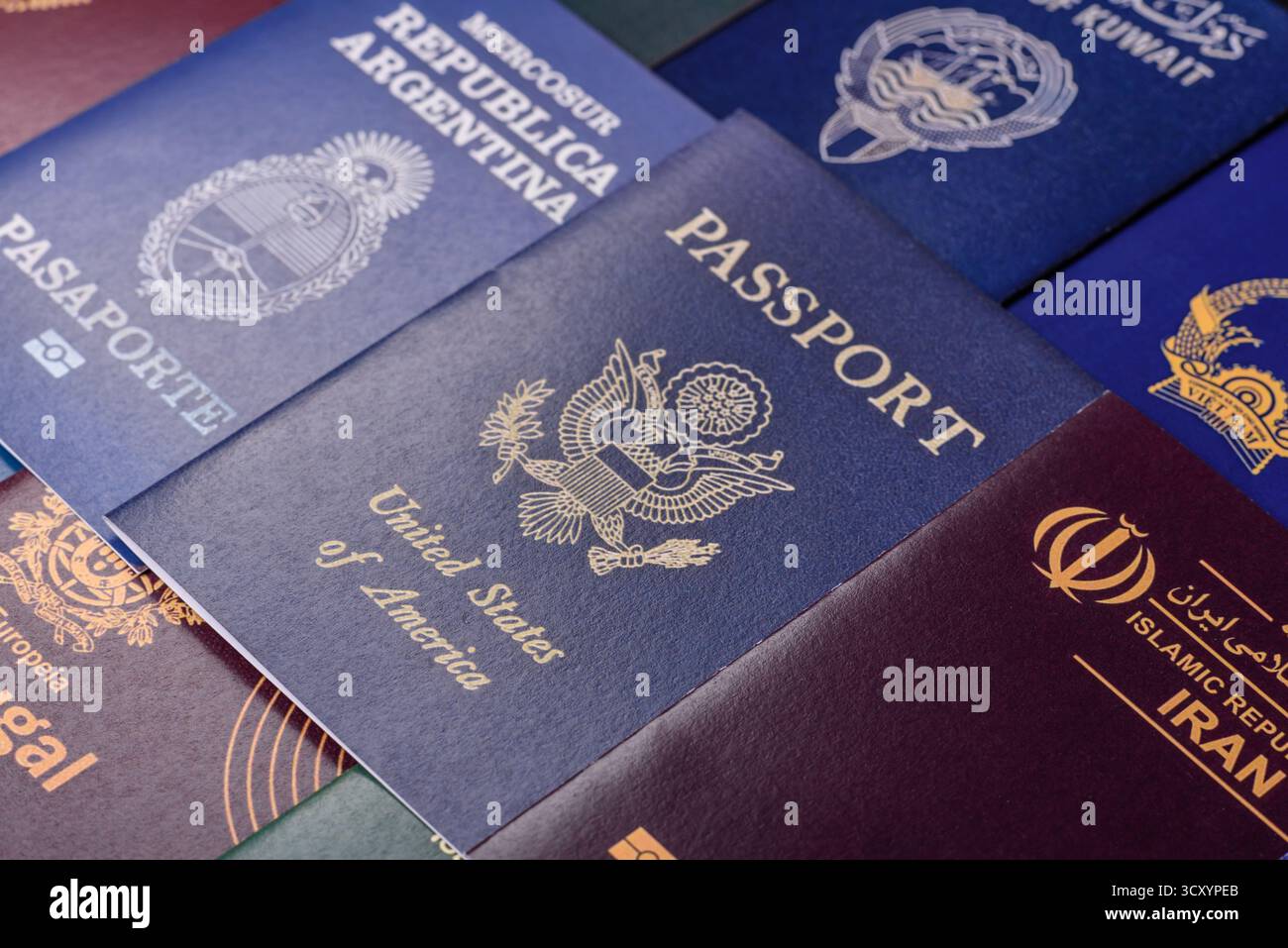 A background of several passports from different countries, an ...