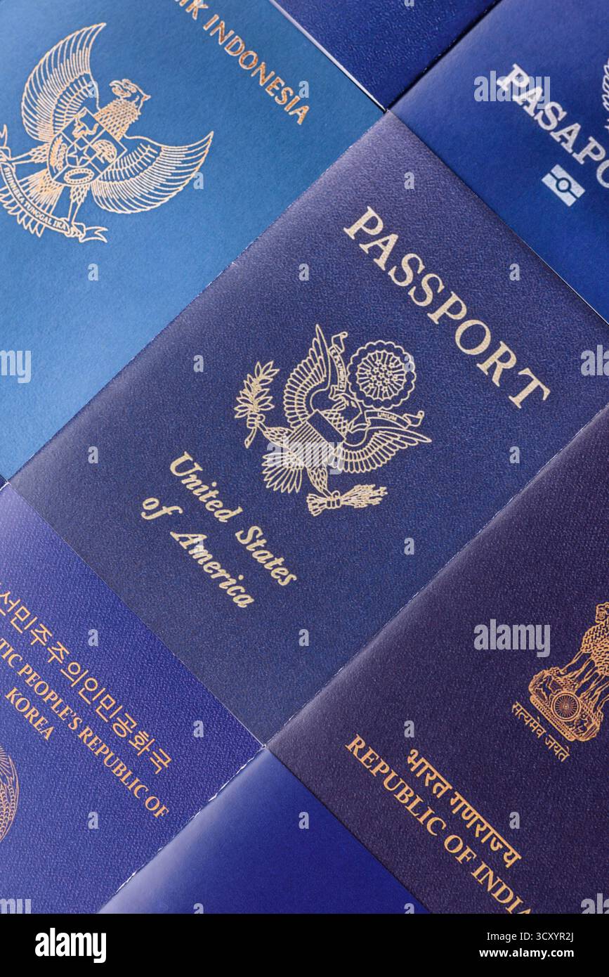 A background of several passports from different countries, an ...