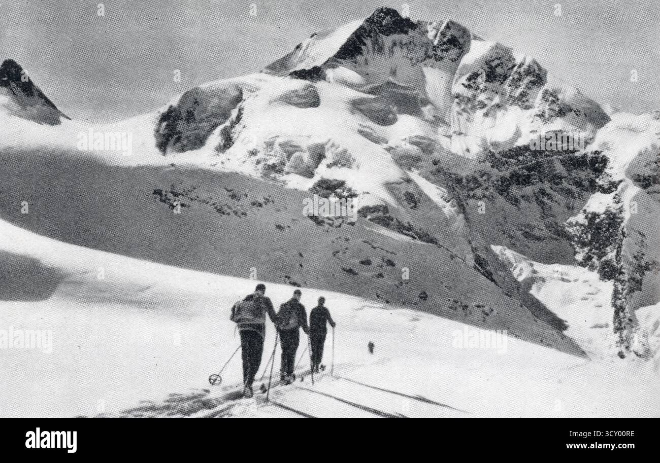 Three skiers on the Glacier, Diavolezza, Bernina, Switzerland, around ...