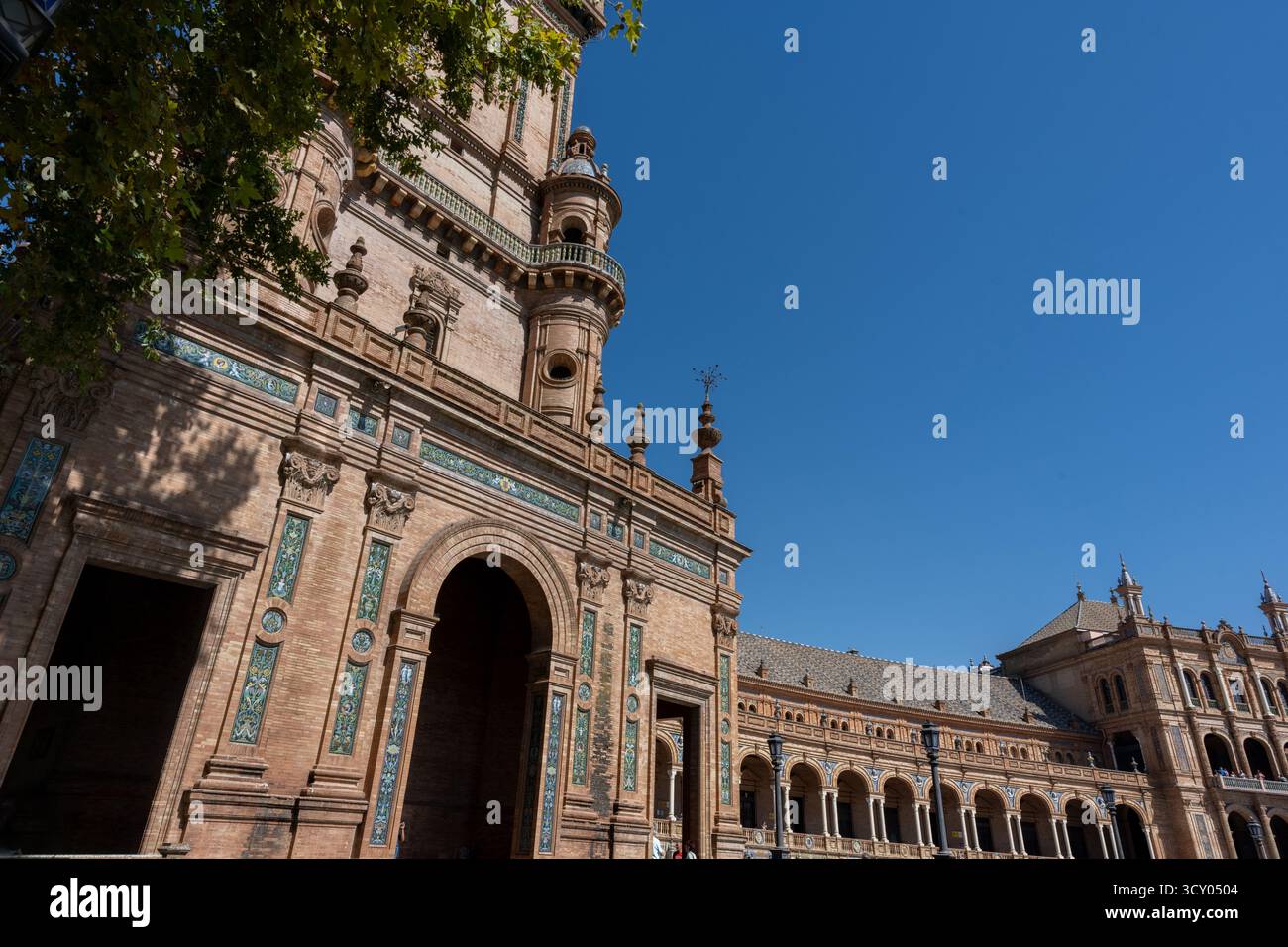 Detail of the monumental architecture of Plaza de España in Seville ...