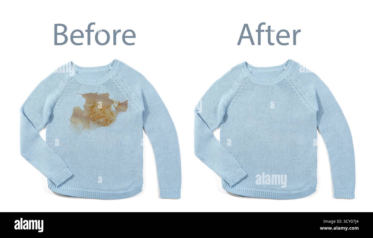 Dirty sweater before and clean one after dry-cleaning, collage on white ...