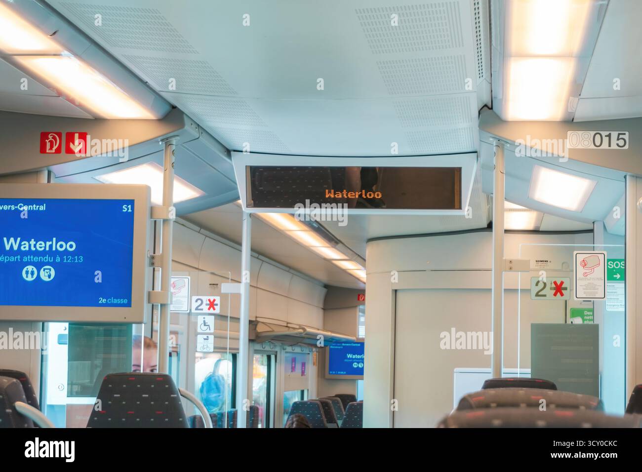 Inside the Belgian train, view of the train carriage screen announcing ...
