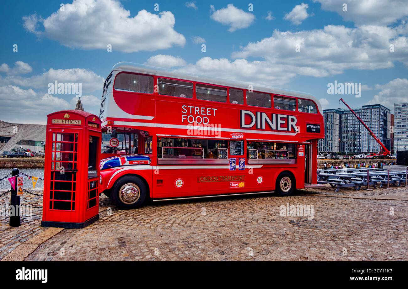 LIVERPOOL, ENGLAND - Aug 18, 2025: A repurposed red London double ...
