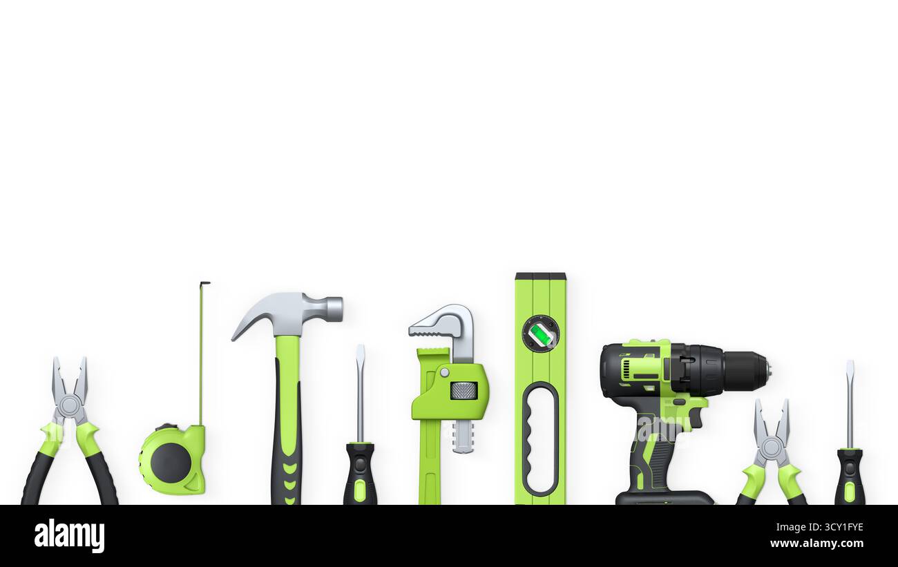 Assorted hand tools like pliers, tape measure, hammer, and drill ...