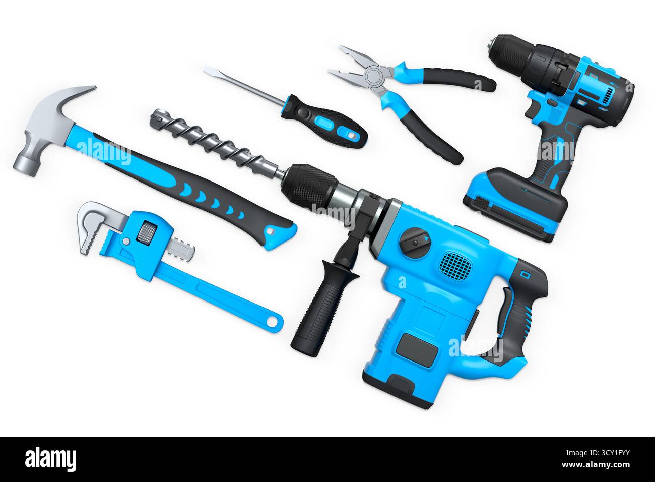 Assorted hand and power tools including drill, hammer, and pliers ...