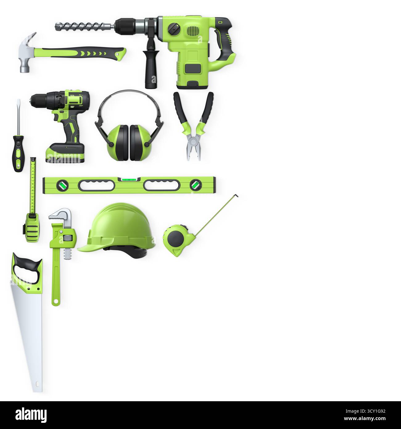 Collection of construction tools, helmets, and safety gear isolated on ...