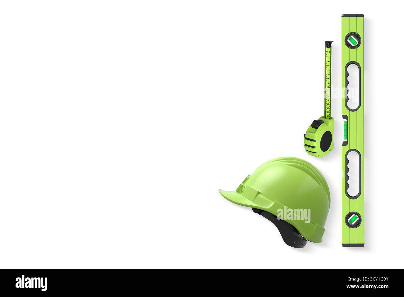 Safety helmet, measuring tape, and level tool isolated on white ...