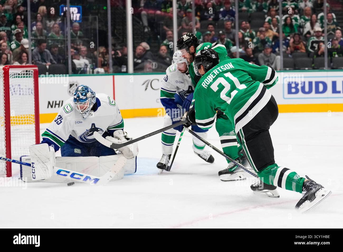 Vancouver Canucks goaltender Thatcher Demko (35) defends against a shot ...