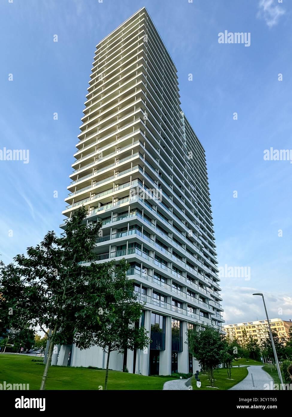 Modern office buildings with curved glass facades in the tech ...