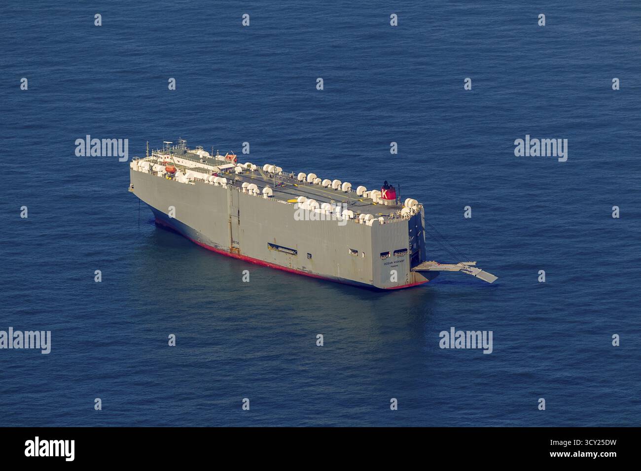 Cargo ship, anchoring car transporter Ocean Highway Panama, aerial view ...