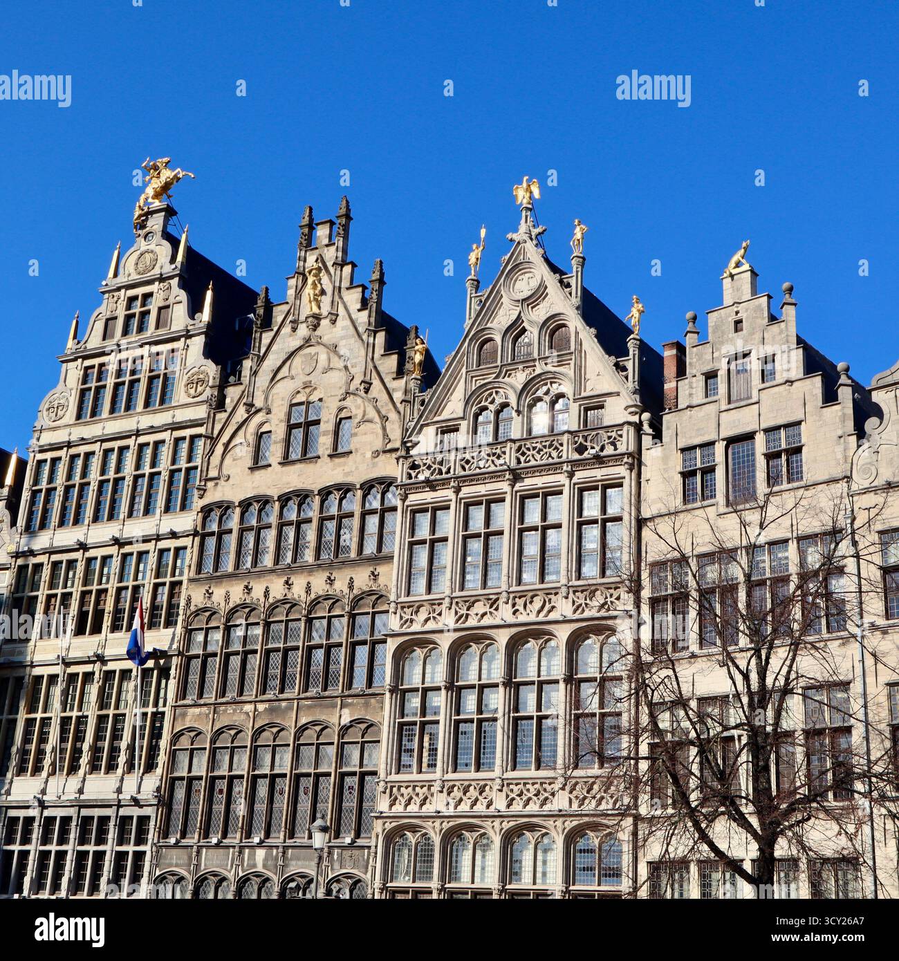 Historic guildhalls defining the Grote Markt in Antwerp, Belgium, with ...