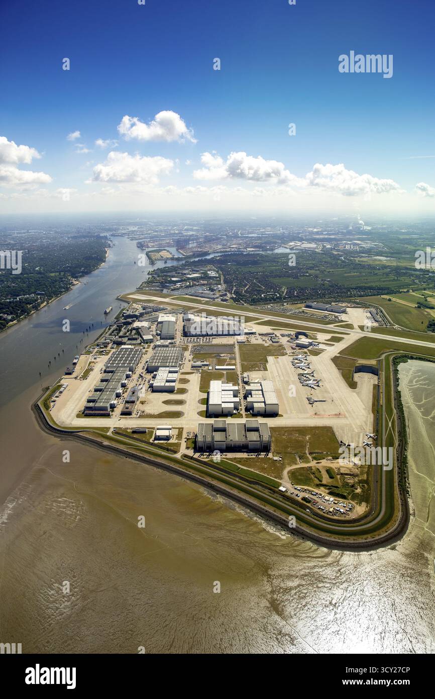 Finkenwerder Airport, runway and factory halls of Airbus Airport ...