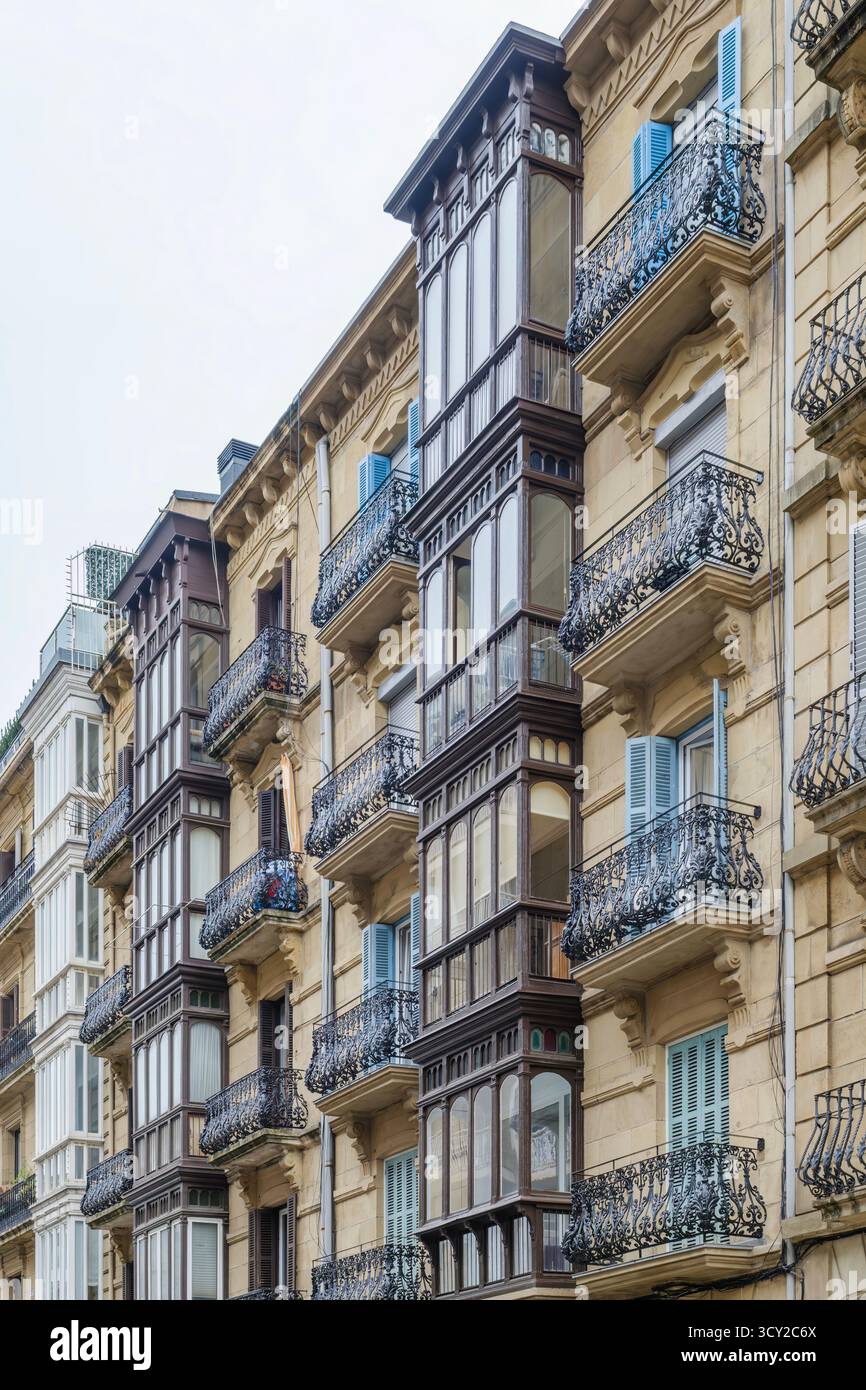 Ornate facade of historic residential buildings in San Sebastian ...