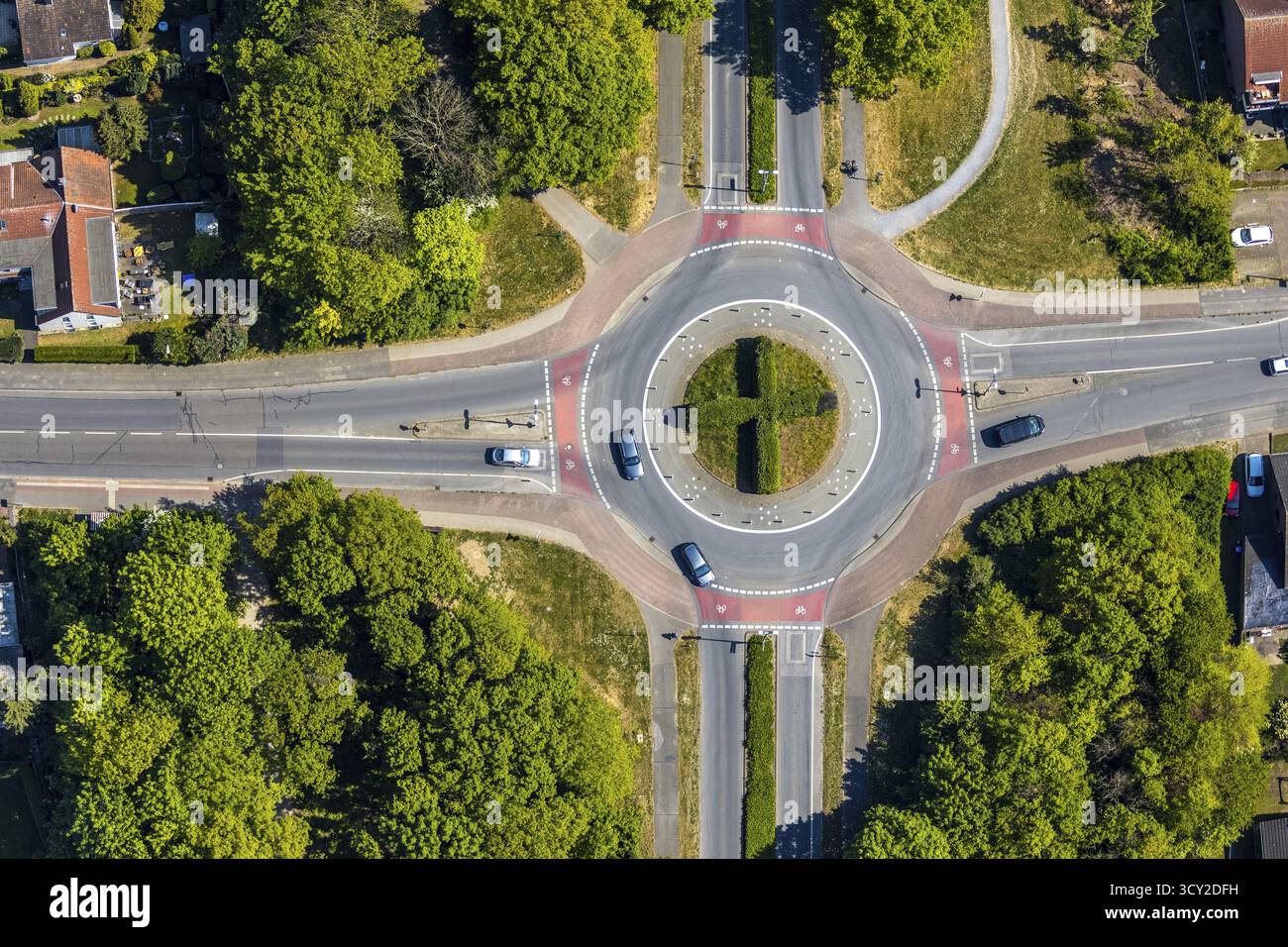 Aerial view, roundabout with green trees, cross symbol, Nordtrasse ...