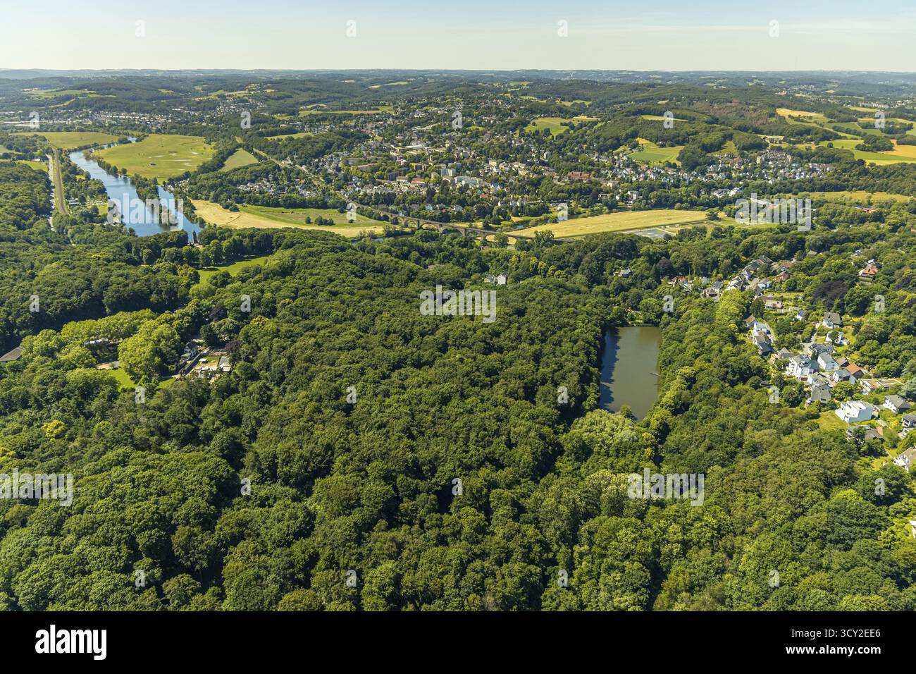 Aerial view, excursion destination Hohenstein, river Ruhr, Hammerteich ...