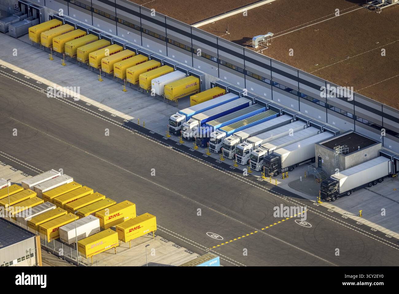 Aerial view, construction site of new Amazon logistics centre ...