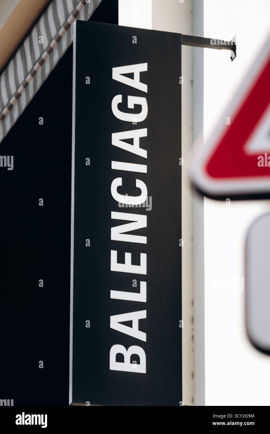 Monte Carlo, Monaco - June 28, 2025: Vertical Balenciaga boutique sign ...