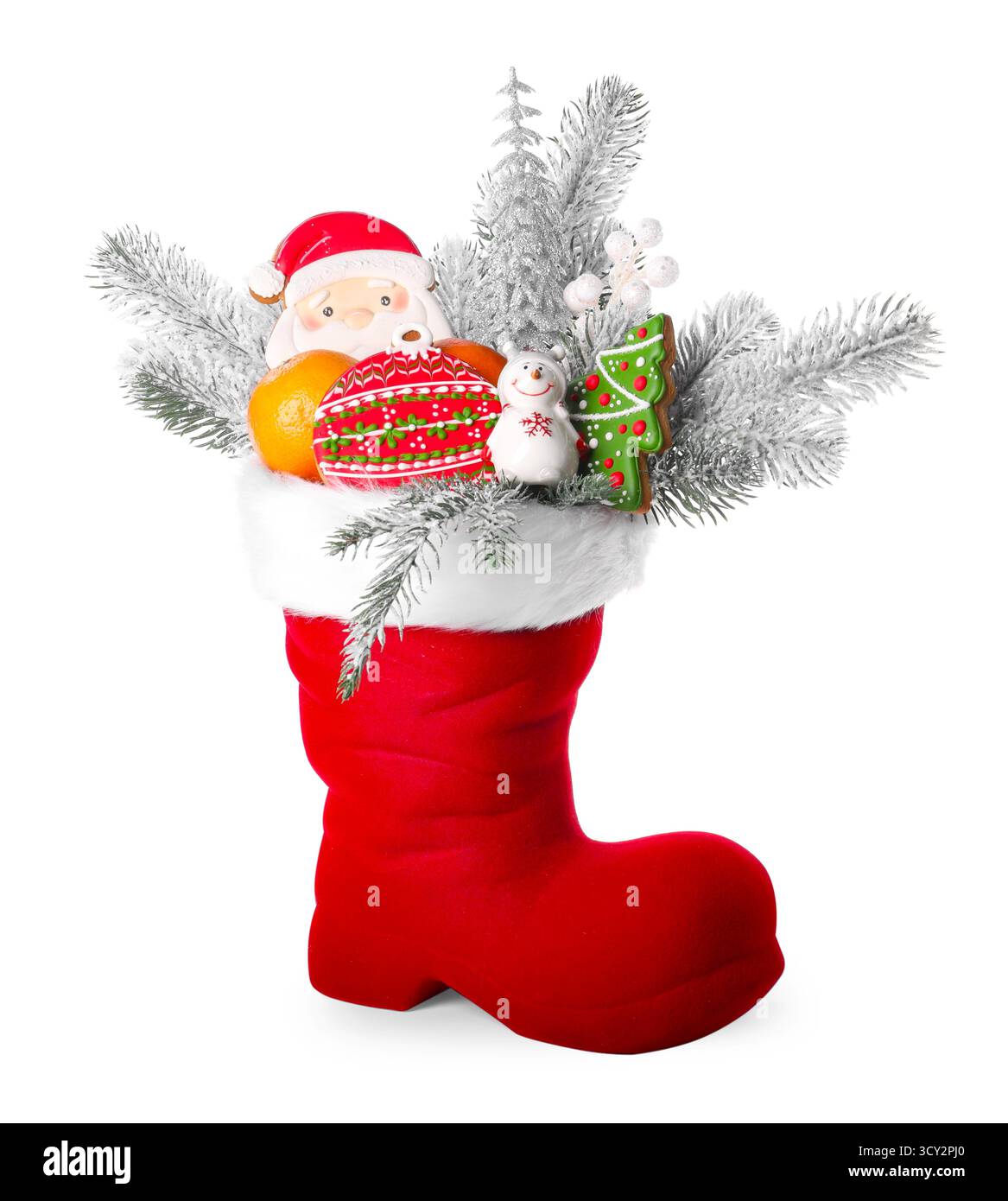 Saint Nicholas day. Red boot with treats and festive decor isolated on ...