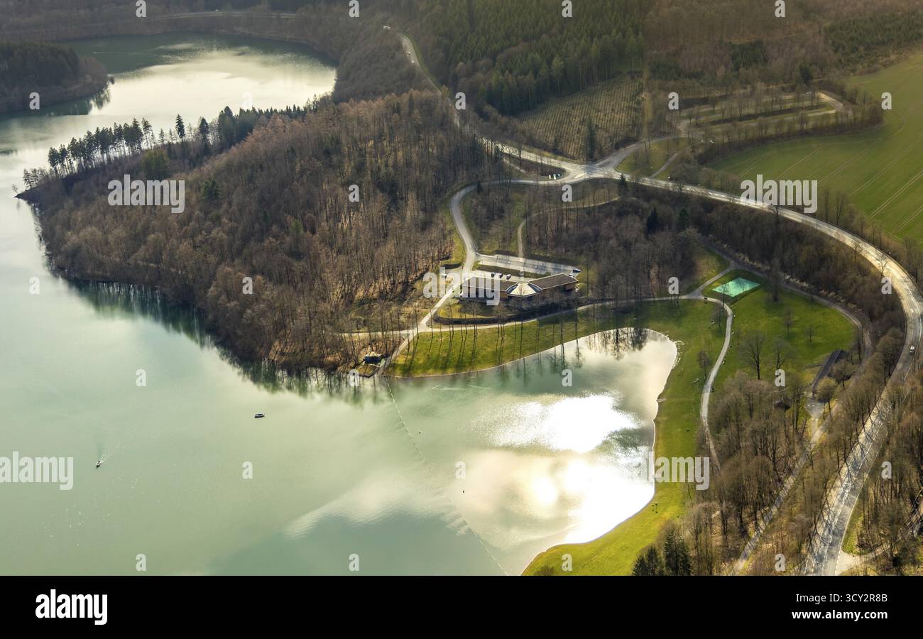 Aerial view, car park and excursion restaurant at the Hennetalsperre ...