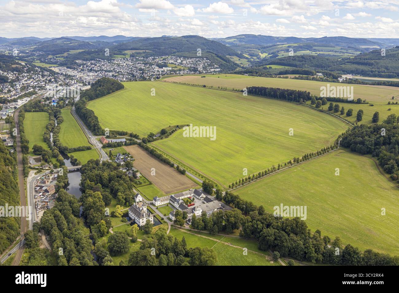 Aerial view, possible building area, Laer Castle, river Ruhr, timber ...
