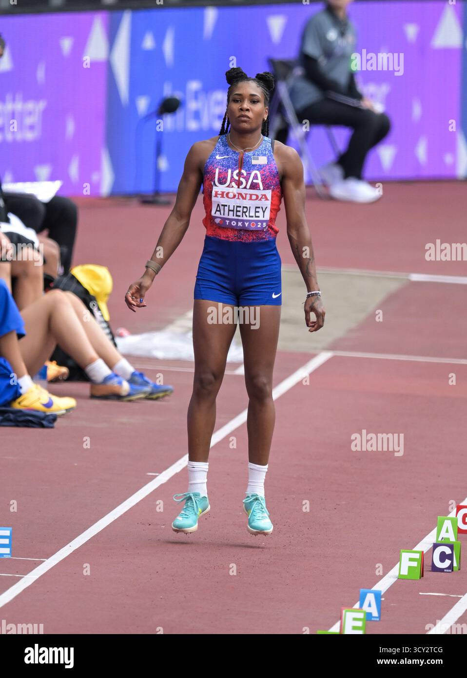 Michelle Atherley of the USA competing in the Heptathlon long jump at ...