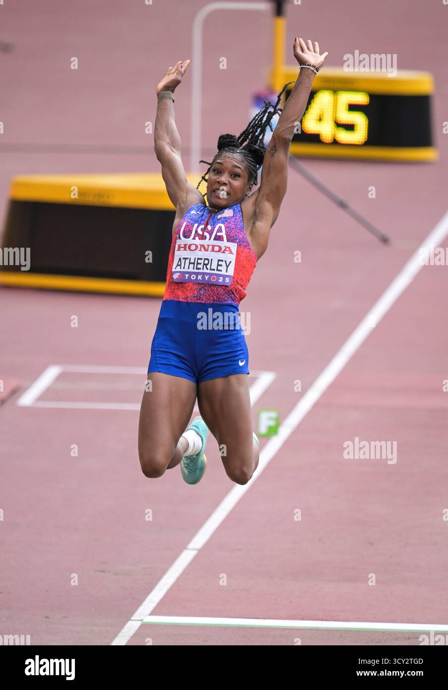 Michelle Atherley of the USA competing in the Heptathlon long jump at ...