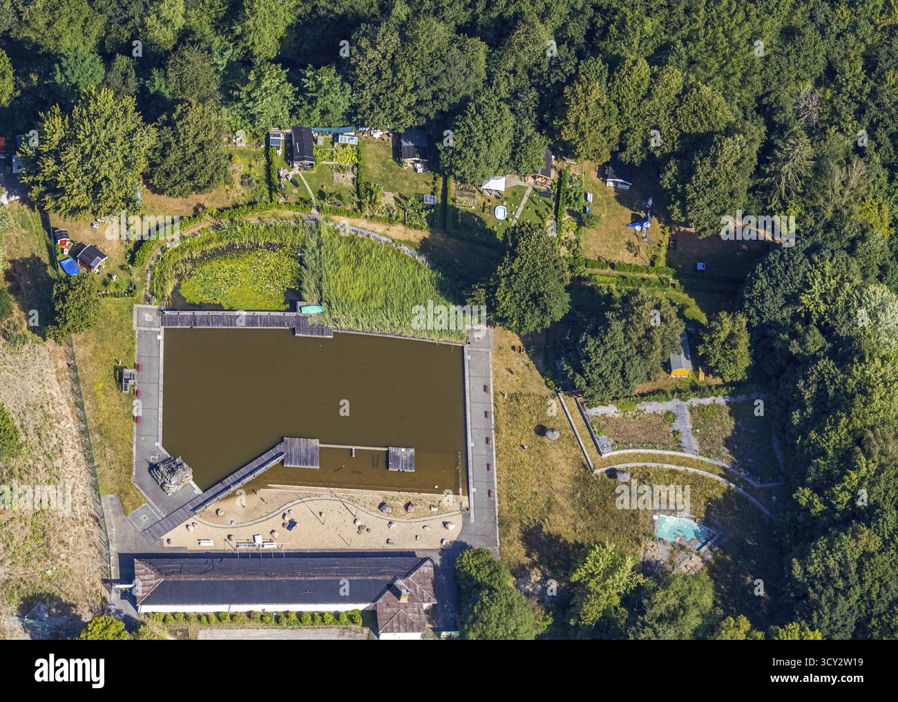 Aerial view, former natural swimming pool Biebertal, Menden, Sauerland ...