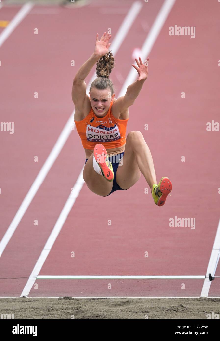 Sofie Dokter of the Netherlands competing in the Heptathlon long jump ...