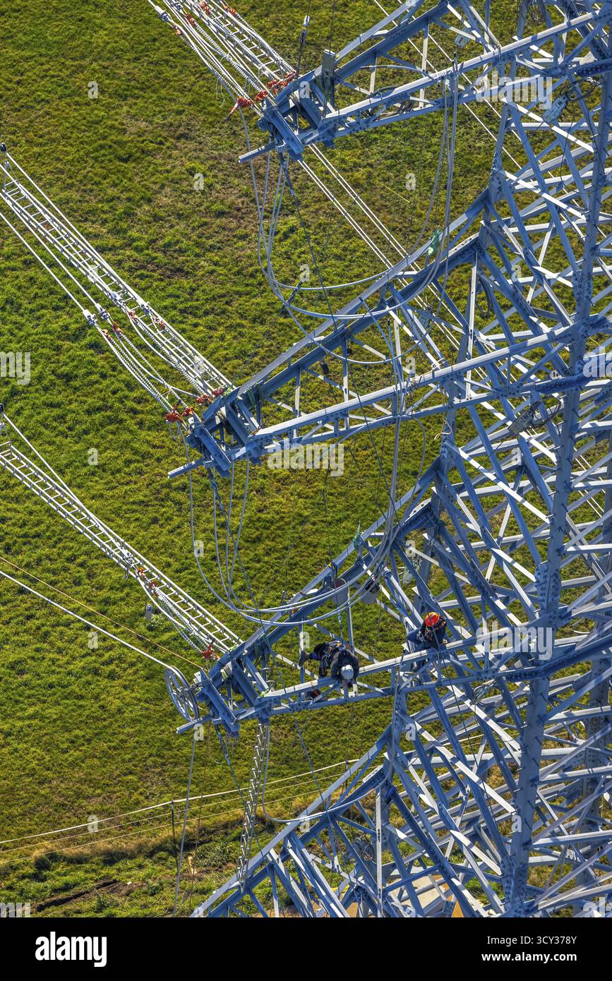 Aerial photo, construction power line Dortmund-Hagen, climber in power ...
