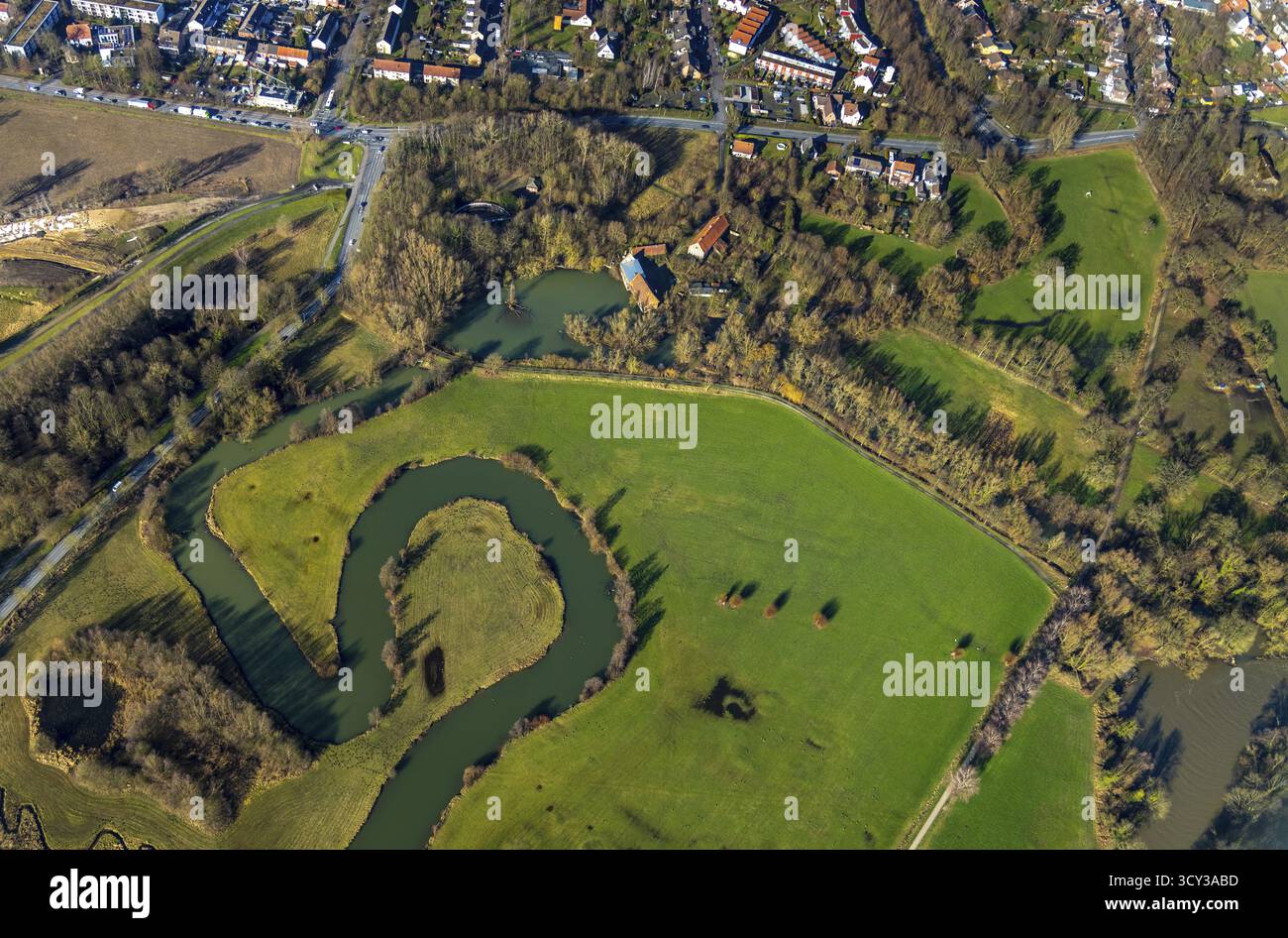 Aerial view, mill ditch, mill pond, oxbow lake of the Lippe, An der ...