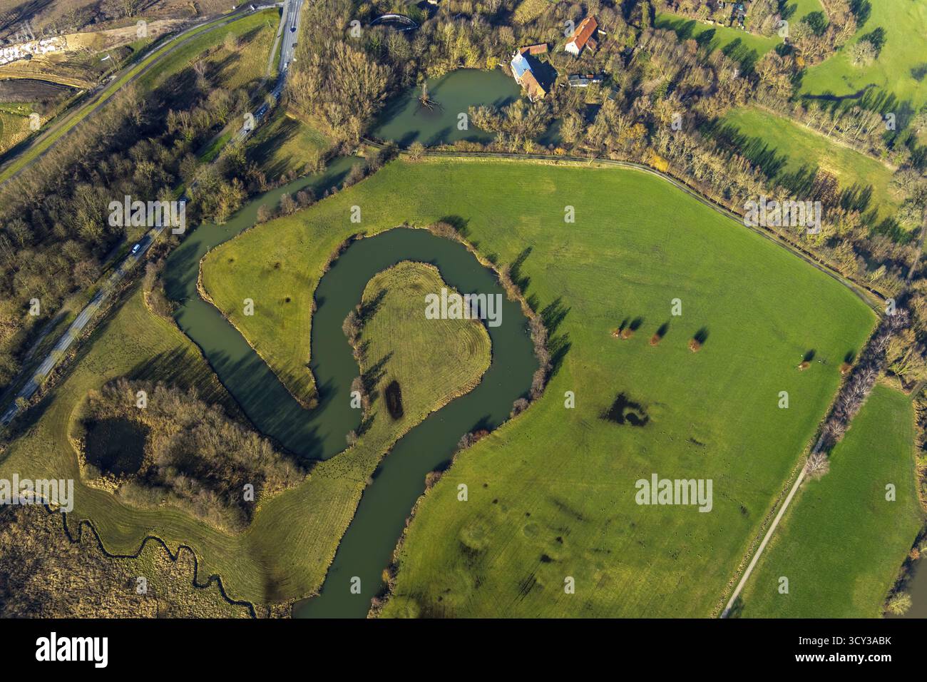 Aerial view, mill ditch, mill pond, oxbow lake of the Lippe, An der ...