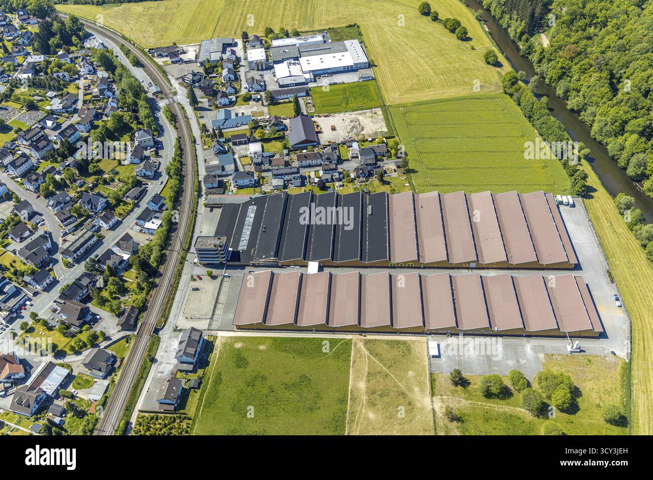 Aerial view, thin sheet metal systems metal processing company, river ...