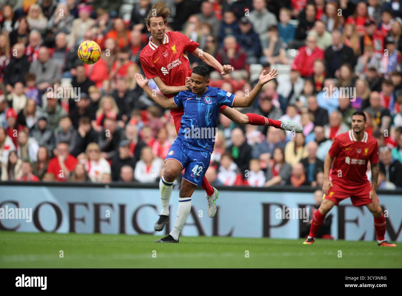 Header of Peter Crouch in duel with Ryan Bertrand Liverpool FC Legends ...