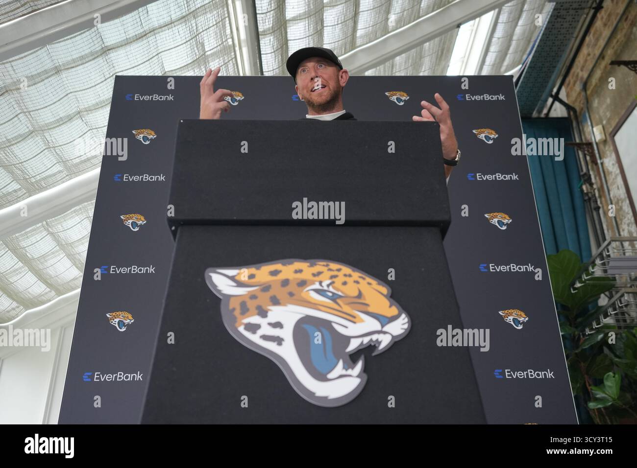 Jacksonville Jaguars head coach Liam Coen speaks during a press ...