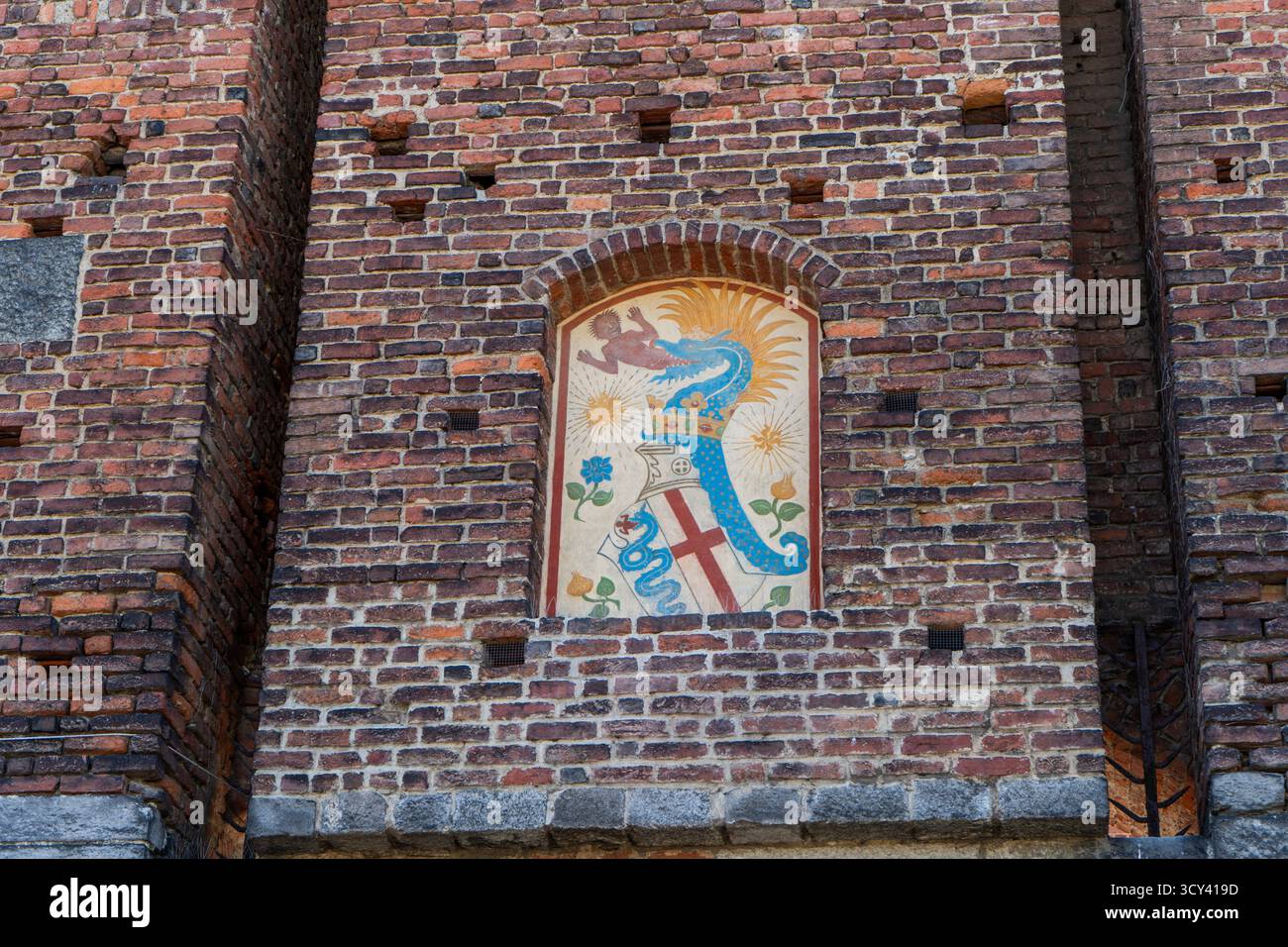 Italy, Milan - July 17, 2025: Sforza Castle coat of arms and shield in ...