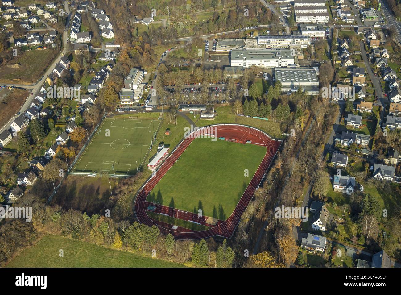 Aerial photo, Duennefeld stadium, football pitch SSV Meschede ...