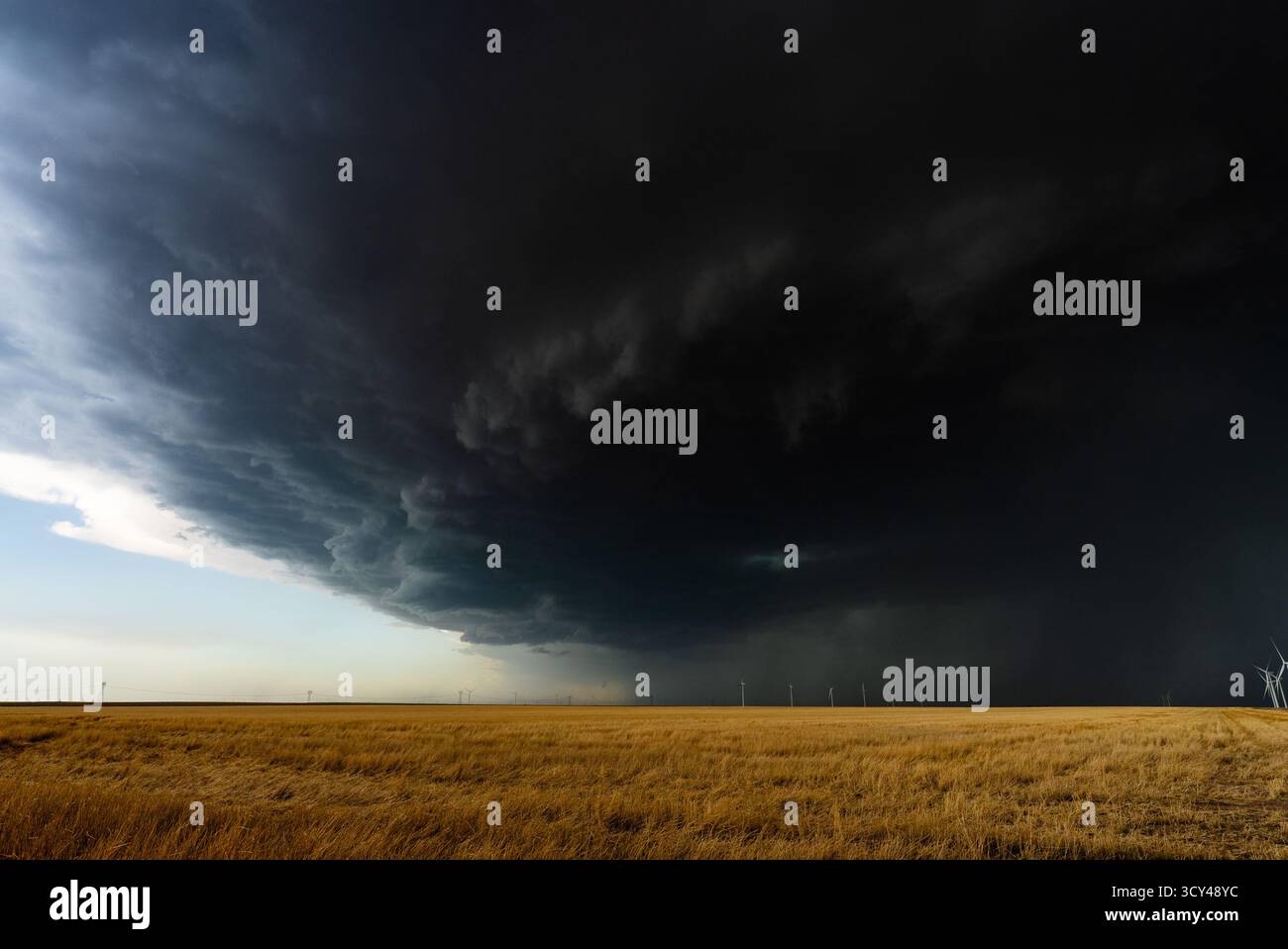 Storm clouds roll across the sky above warm-colored fields and a wind ...