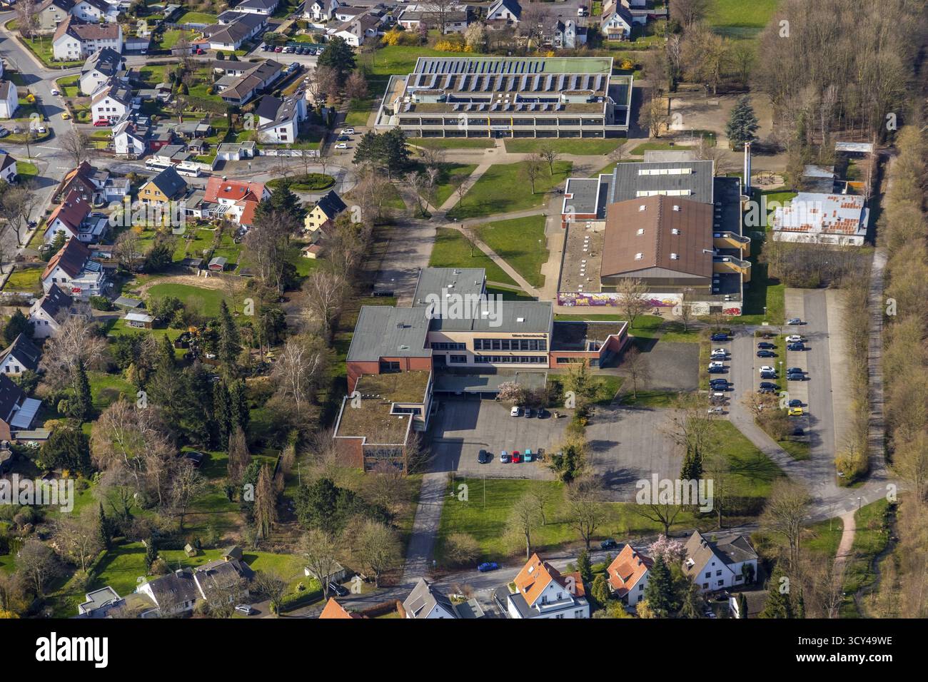 Aerial view, Saelzer Secondary School, triple sports hall, Werl, North ...